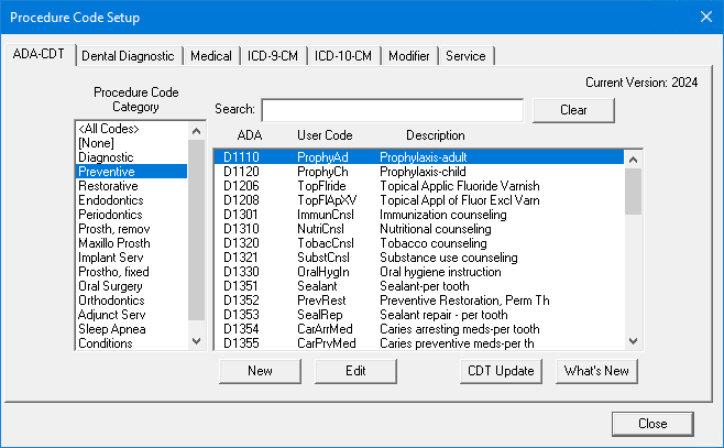 Editing ADA-CDT dental codes